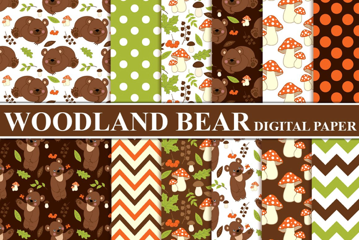 Vector Woodland Bear Digital Paper, an Illustration by TheCreativeMill