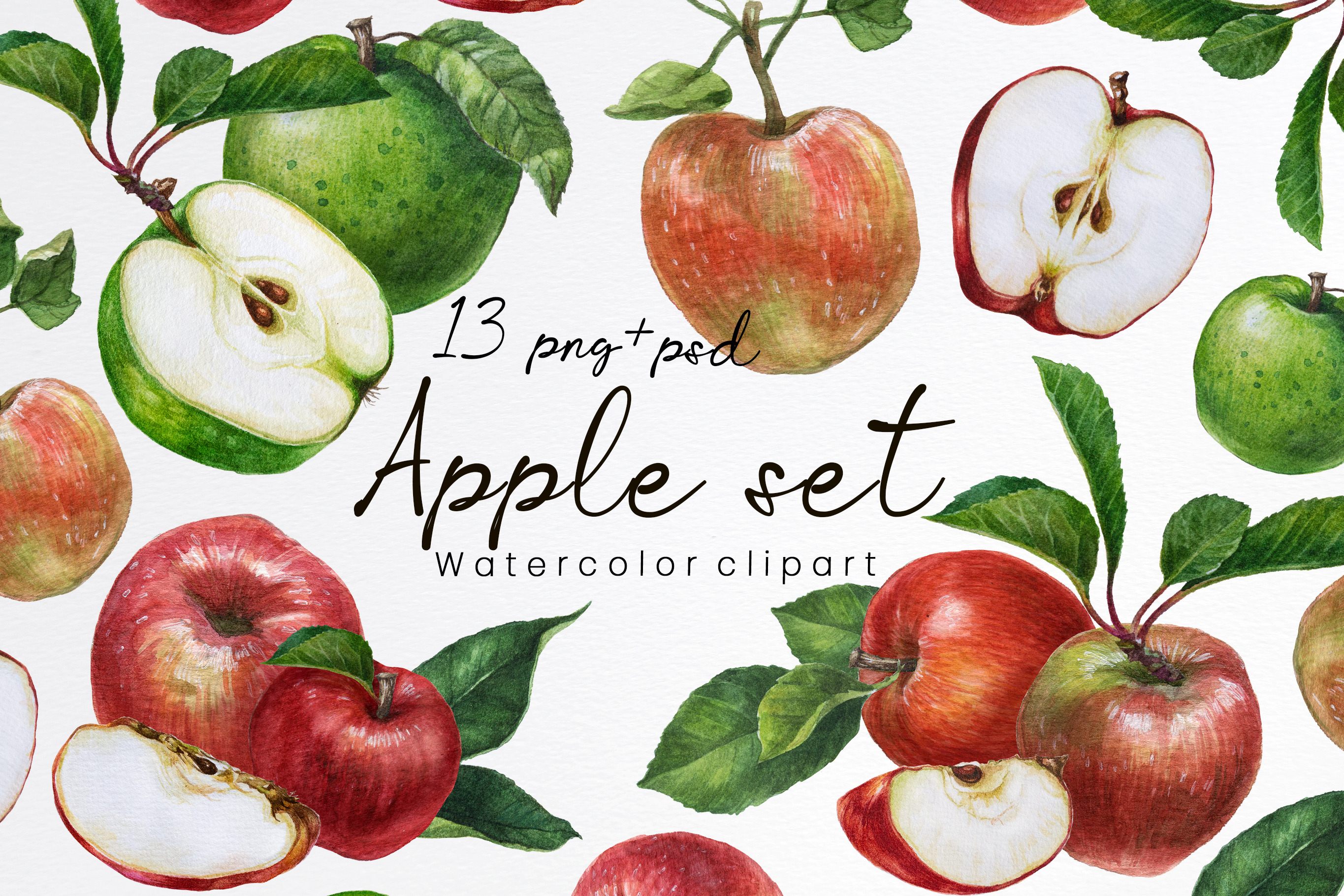 Watercolor red, green apples clipart