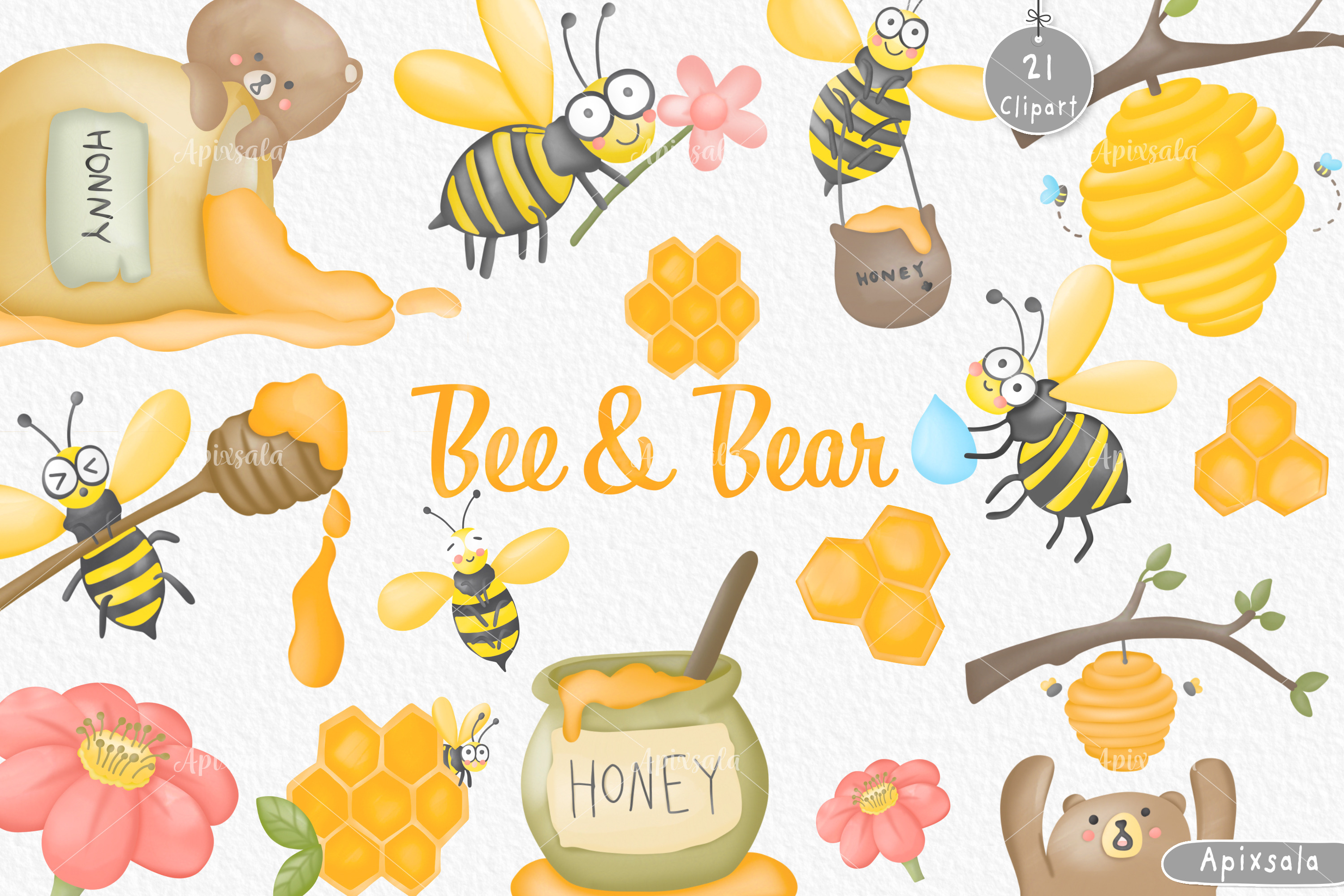 Bee & Bear Clipart watercolor Bundle, an Animal Illustration by Apixsala