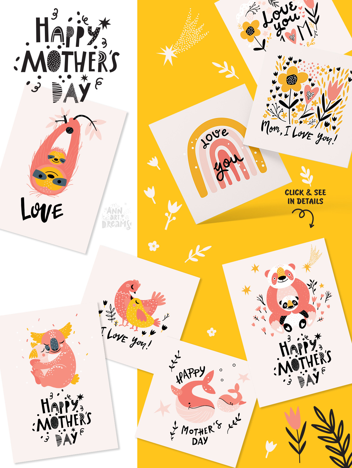 9 greeting cards for Mother's Day, an Animal Illustration by annartdreams