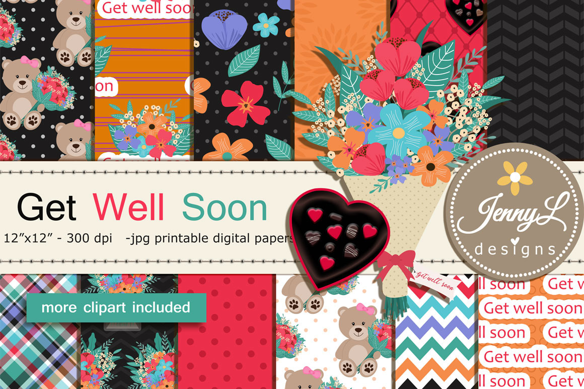 Get Well Soon Digital Papers Clipart, a Pattern Graphic by JennyL Designs