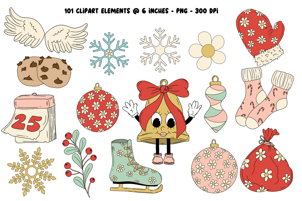 Groovy Retro Christmas Clipart Set, a Graphic by Murphy & Frank