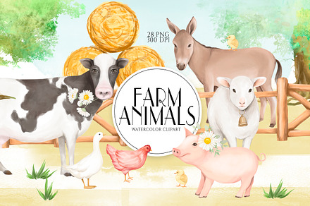 Farm Animals Watercolor Clipart, an Animal Illustration by StudioBeeArt