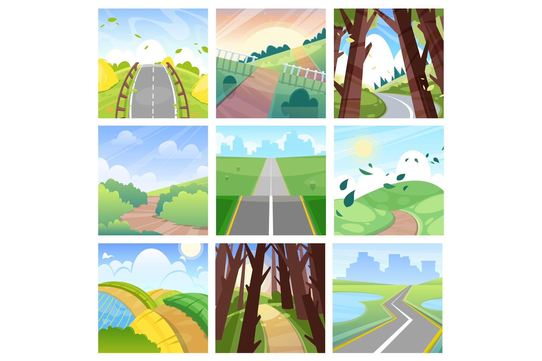 Road landscape vector roadway in forest or way to field lands with ...