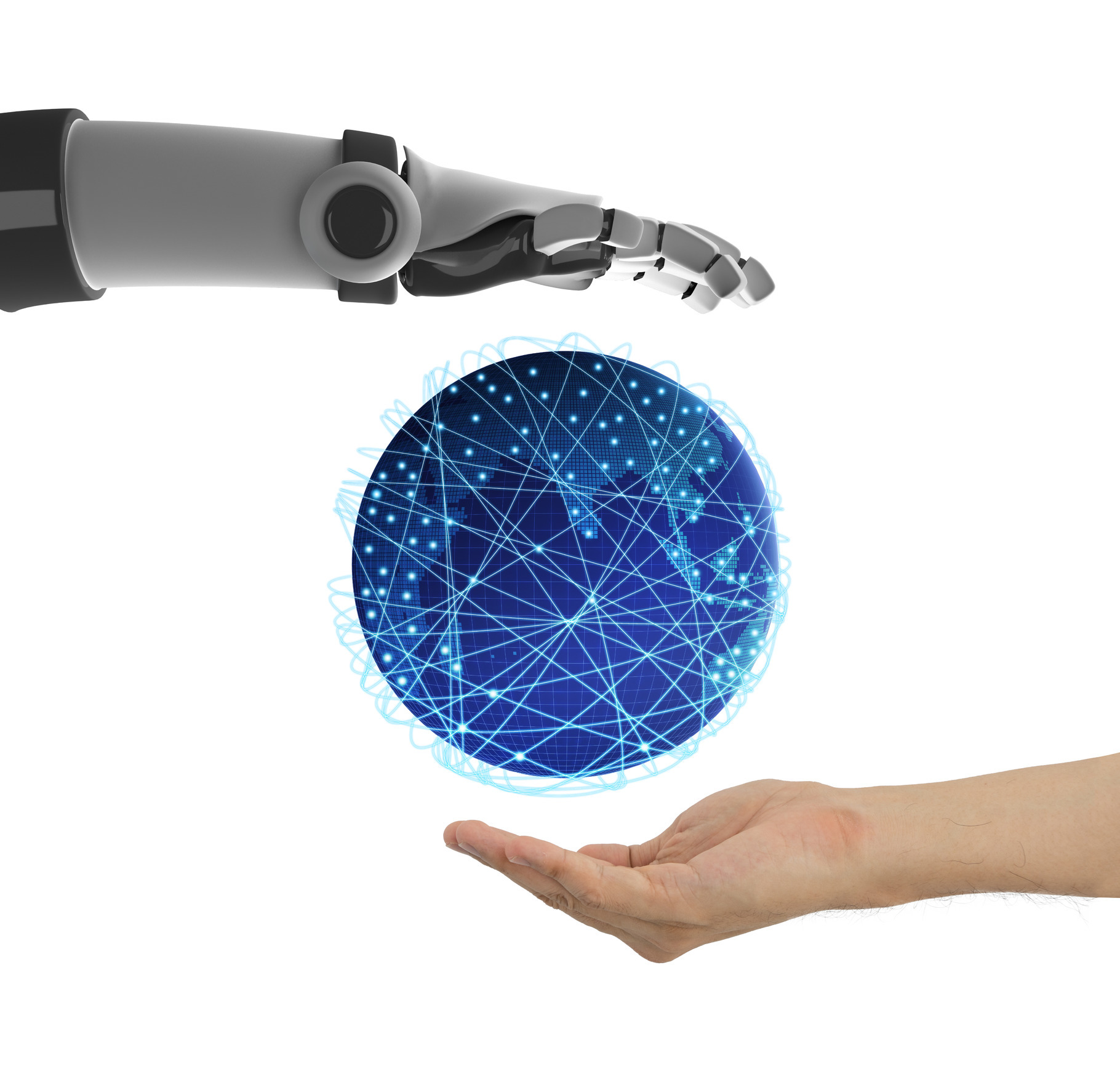 Human hand and robot's hand holding the planet earth, artificial ...