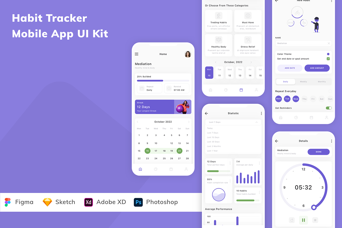 Habit Tracker Mobile App UI Kit, an UI Kit Template by Betush