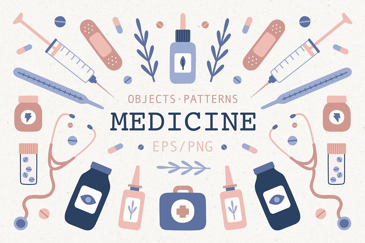 Medicine. Objects and patterns, a Healthcare Illustration by kondratya