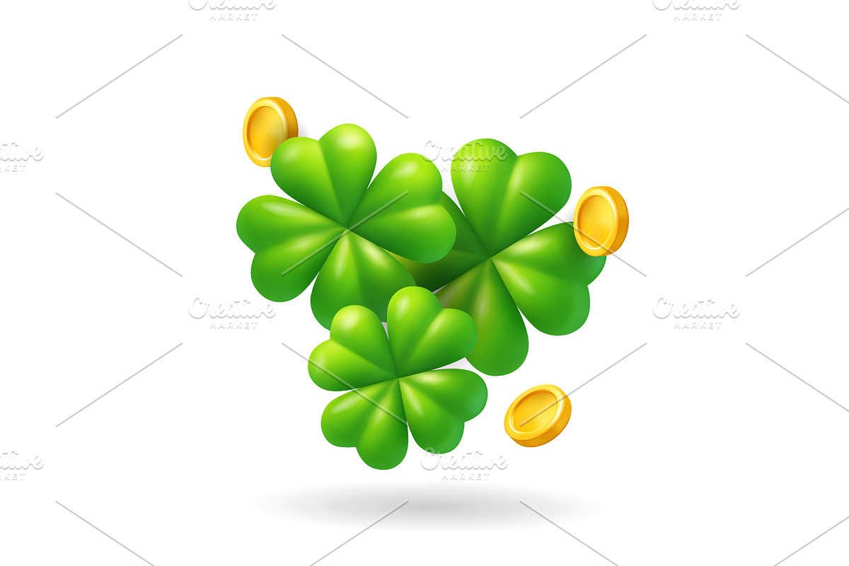 Green shamrocks and gold coins. 3D, an Object Illustration by GraphiShop