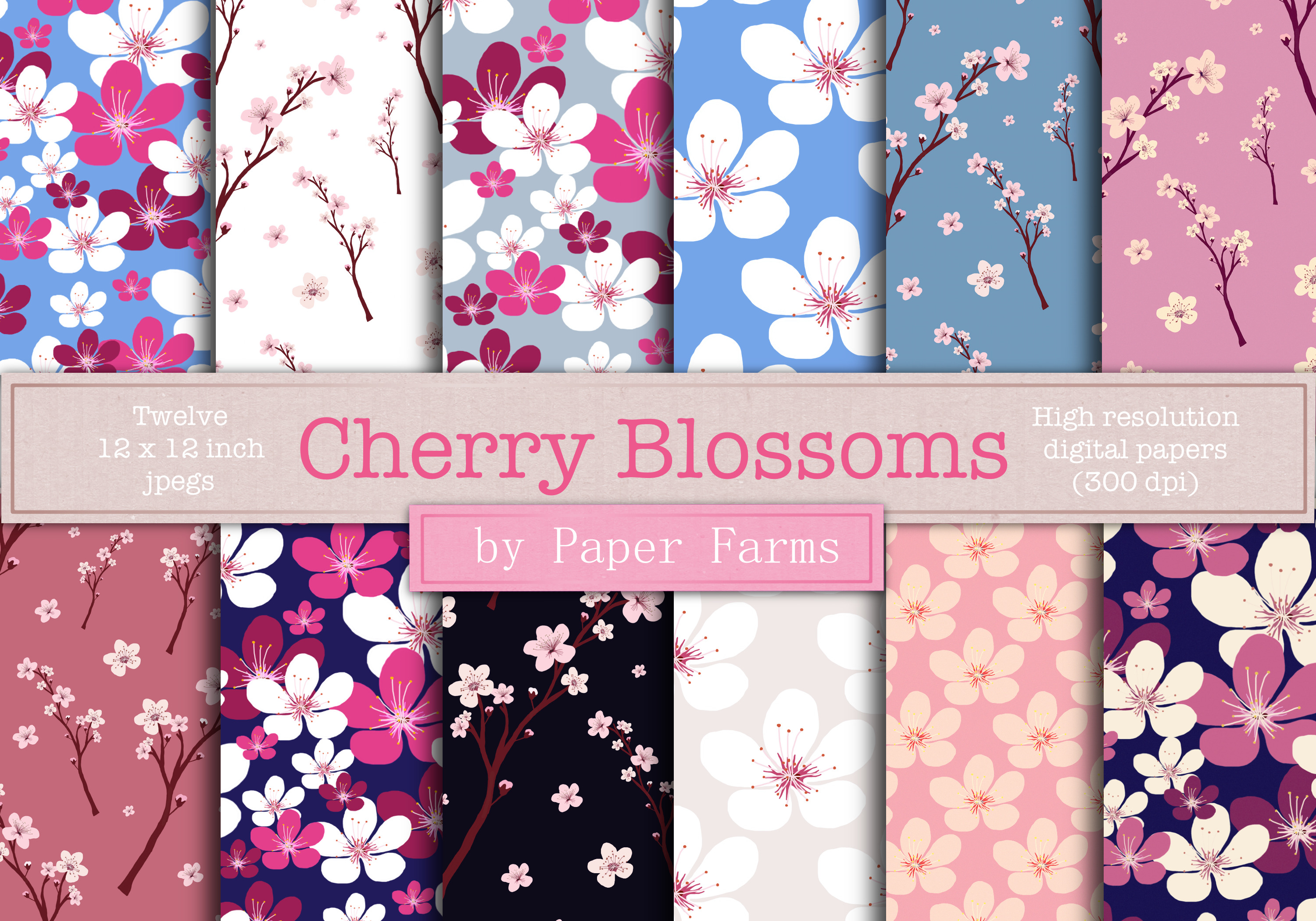 Cherry Blossom digital paper, a Pattern Graphic by Paper Farms
