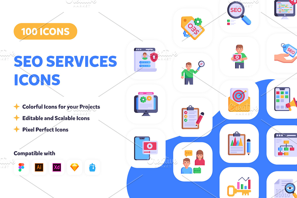 100 SEO Services Icons - Vector Design