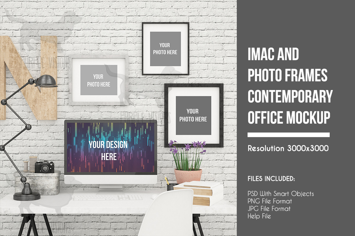 iMac And Photo Frames Office MockUP, a Mac Mockup by PurpleVisions