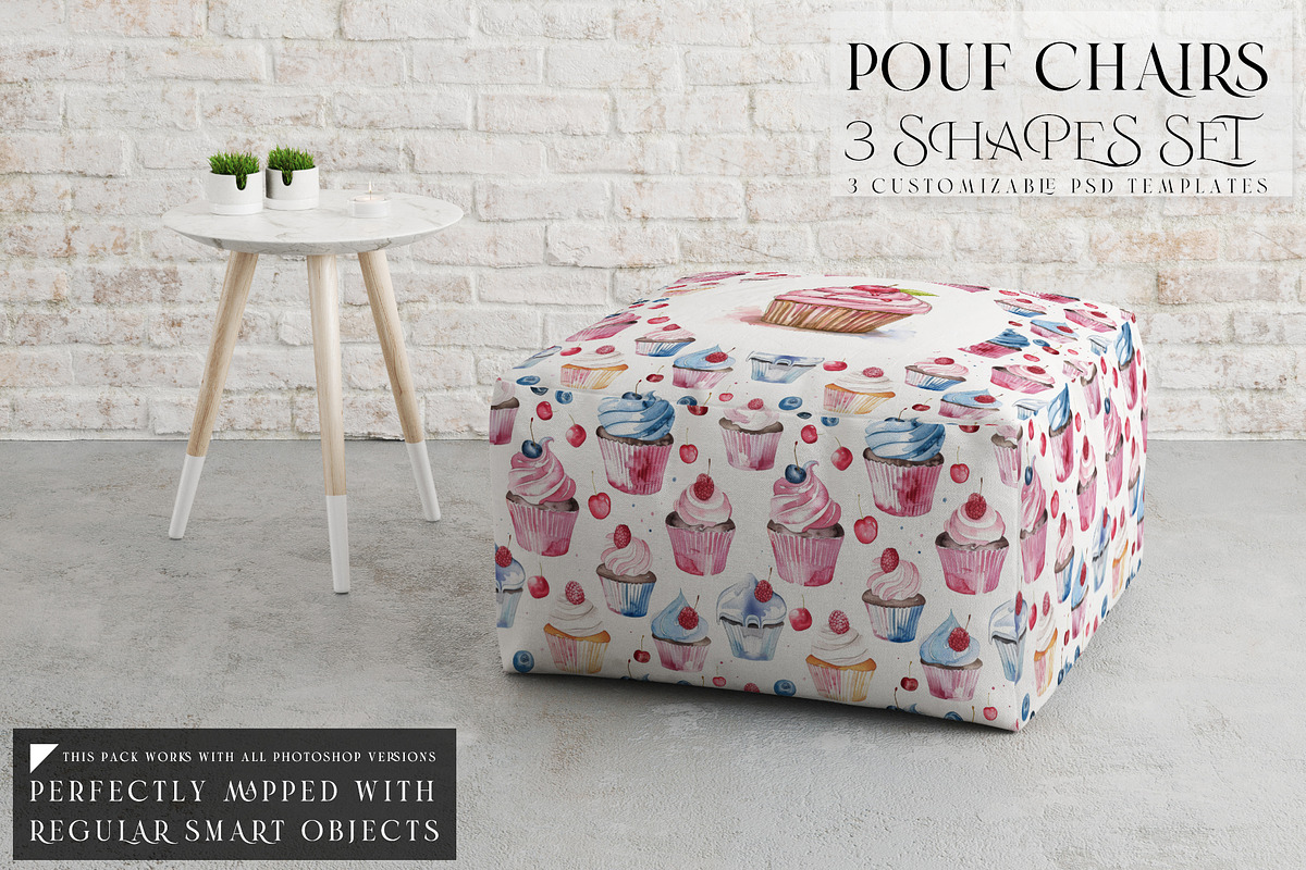 3 Types of Pouf Upholstery Mockups, a Household Mockup by mock-ups