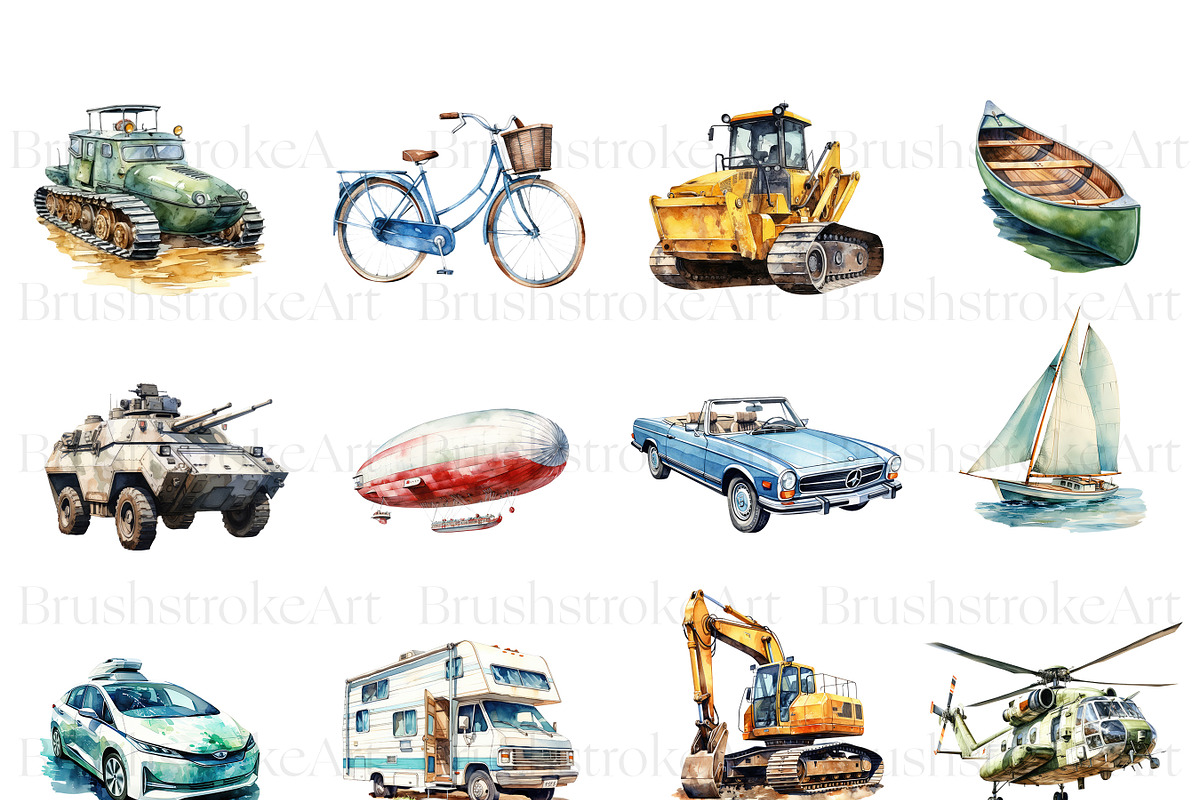 Watercolor Vehicle Clipart, Car, Truck
