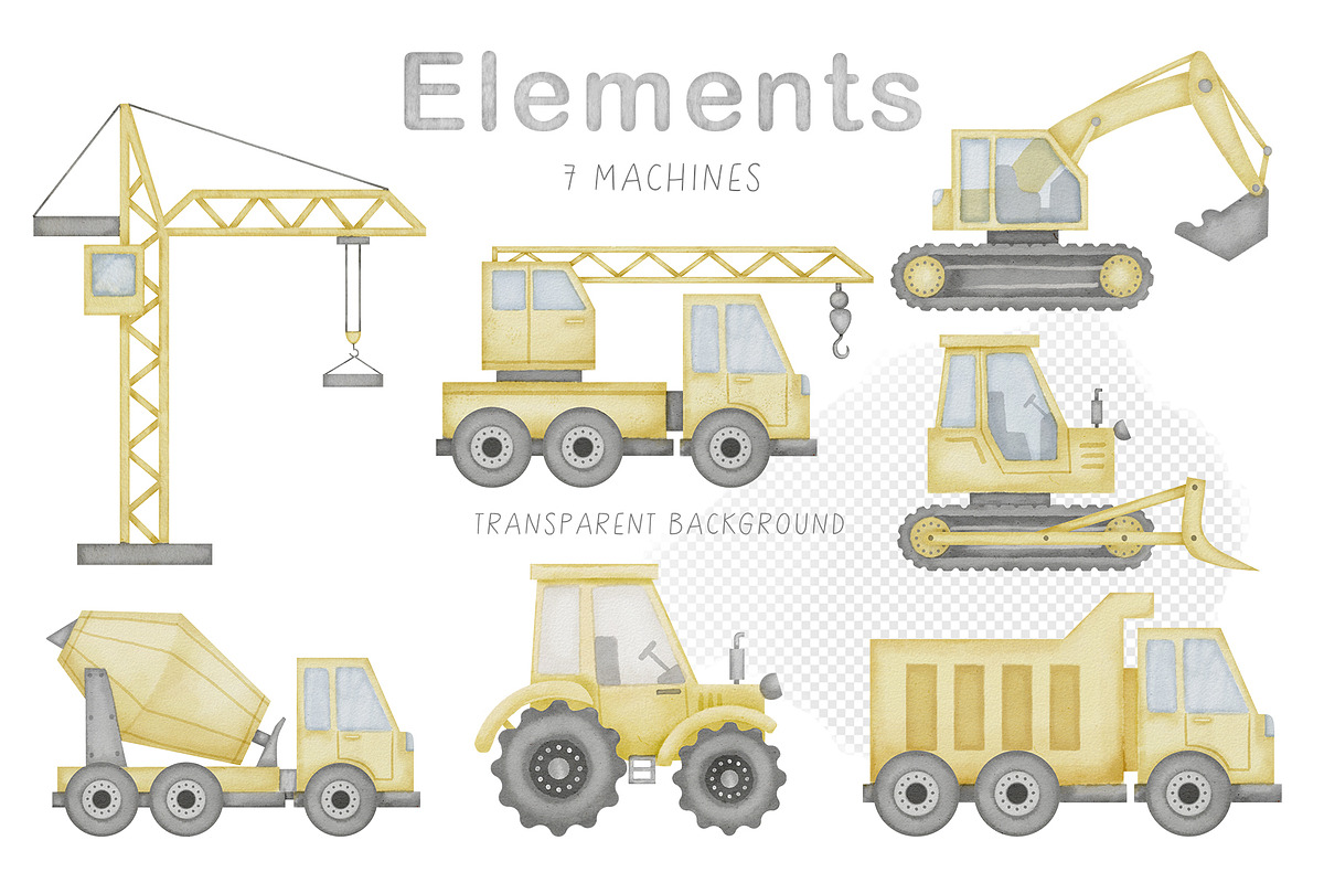 Construction Trucks watercolor set, a Transportation Illustration by ...