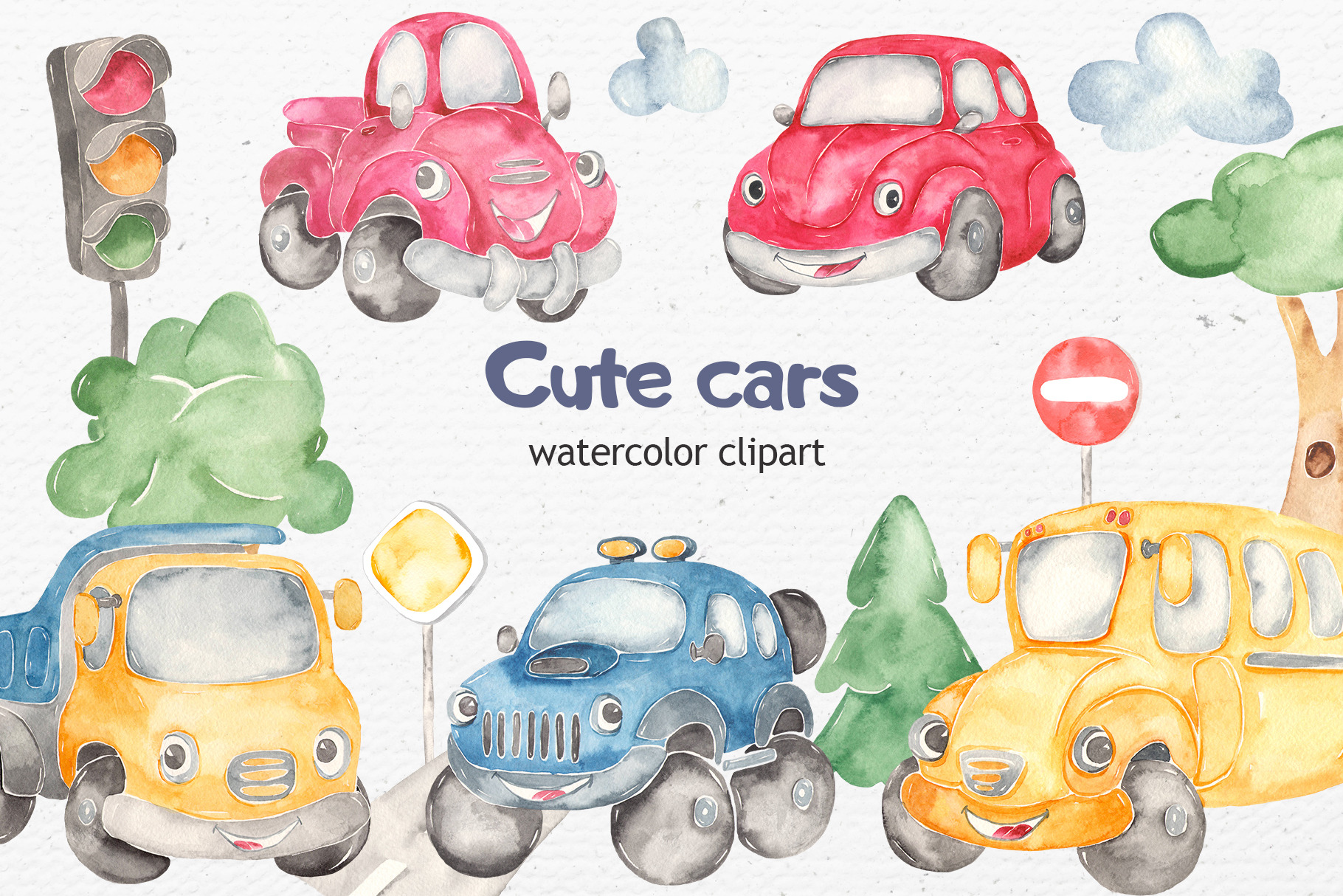 Cute cars Watercolor clipart, an Education Illustration by Marina ...