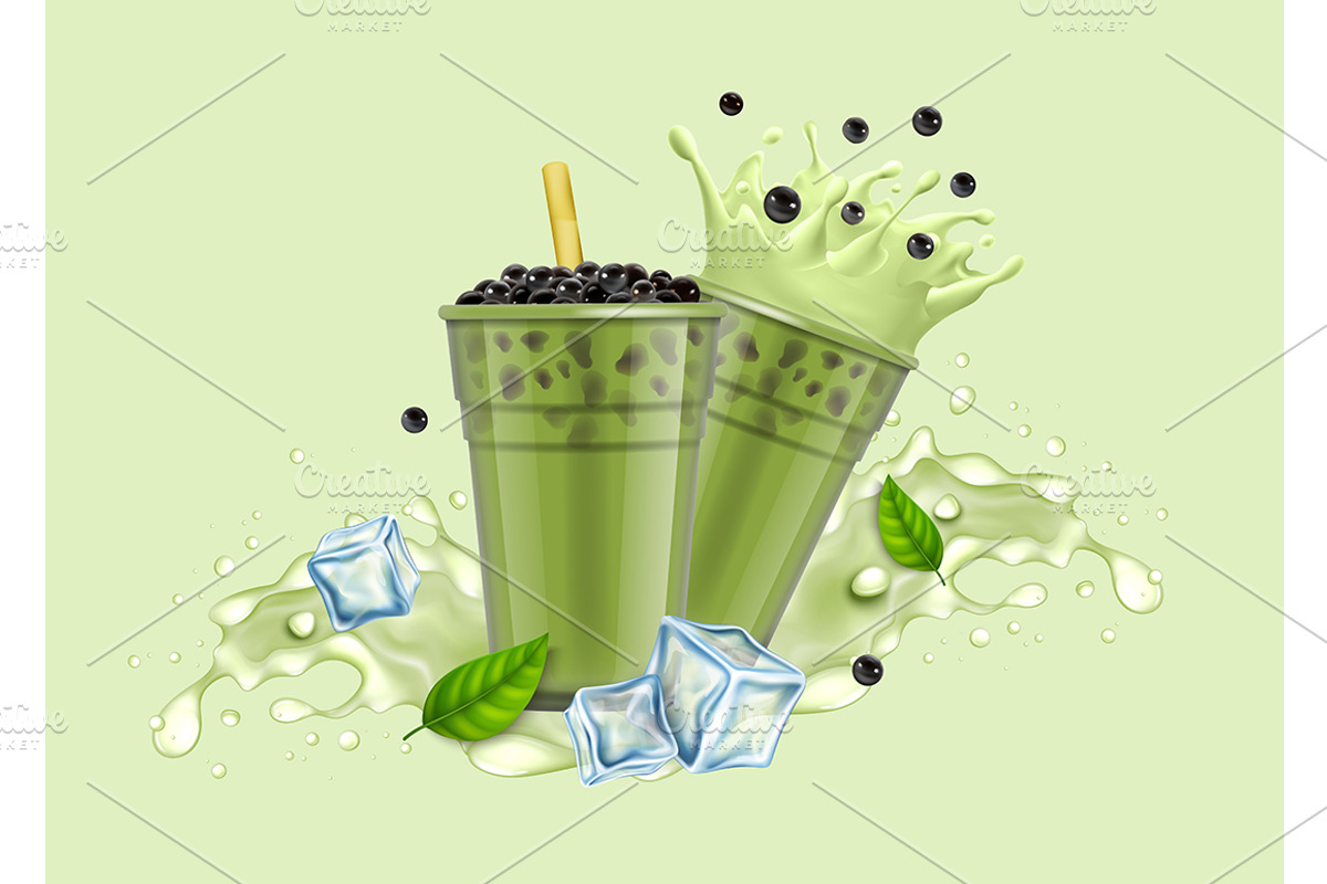 Matcha Bubble Tea Ads Banner Concept, a Food Illustration by Bigmouse_art