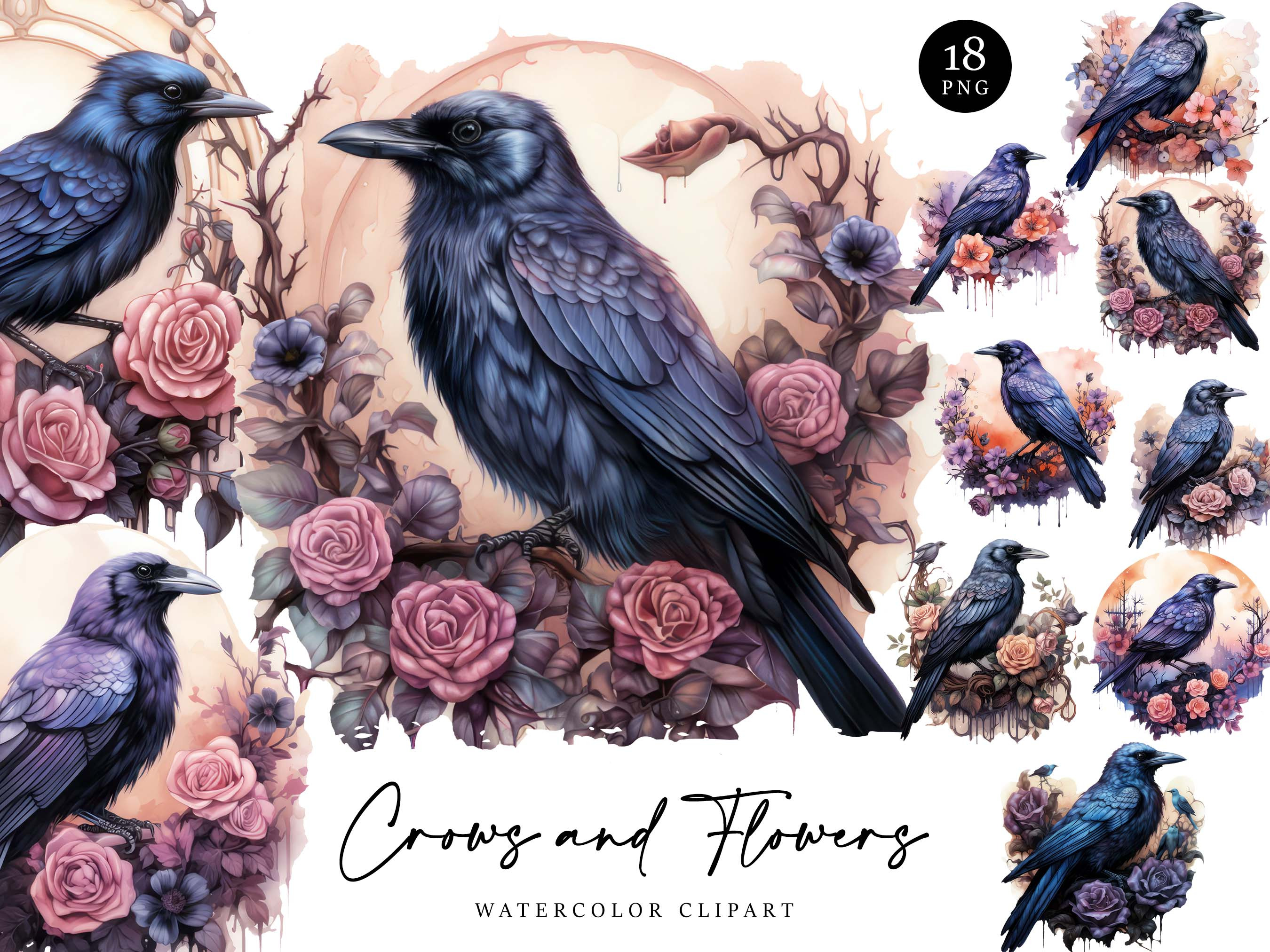 Watercolor Crows and Flowers Clipart, an Object Illustration by Design ...