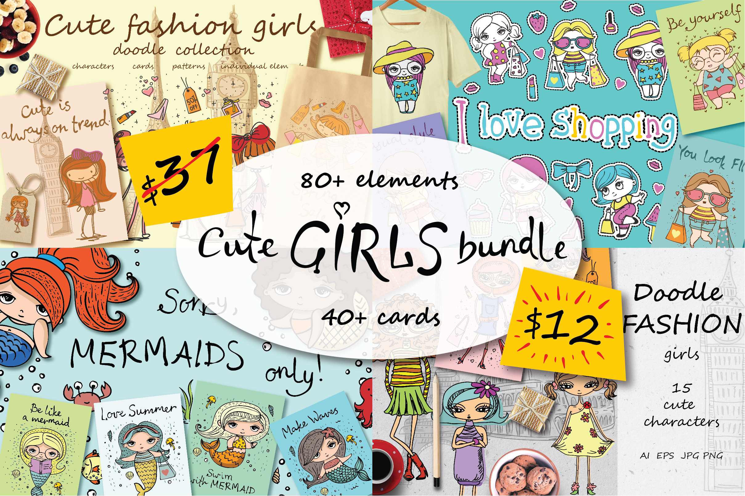 Cute GIRLS bundle, a Person Illustration by Virinaflora | Creative Market