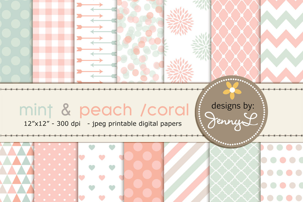 Mint Peach Coral Digital Papers, a Pattern Graphic by JennyL Designs