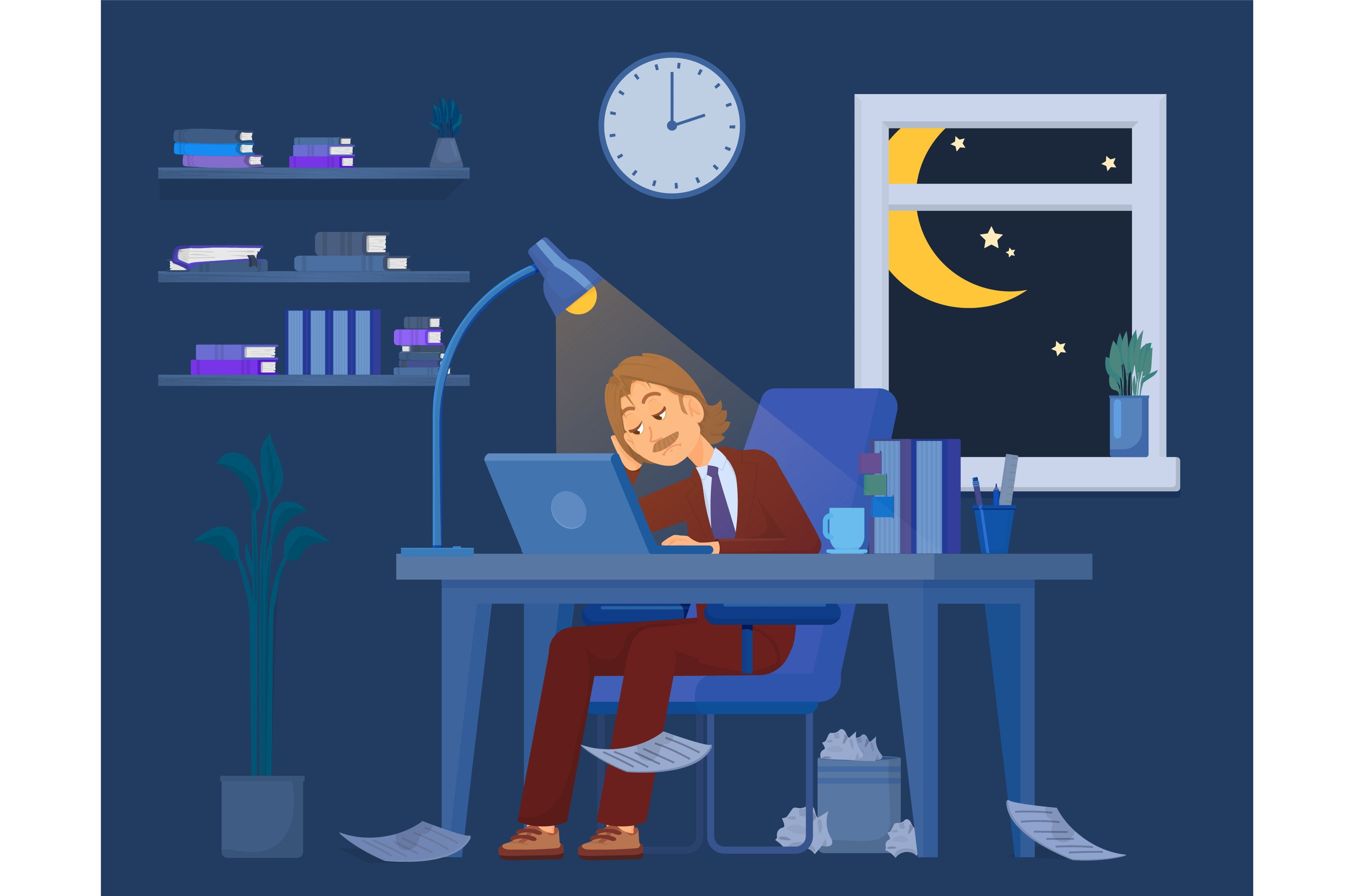 Man work at night. Tired businessman, a Background Graphic by LadadikArt