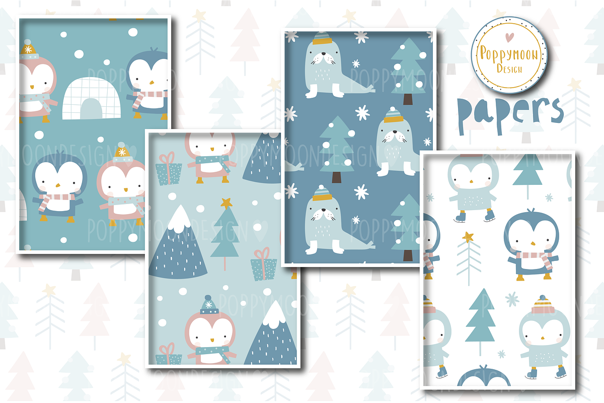 Winter penguins clipart & paper set, an Illustration by Poppymoondesign