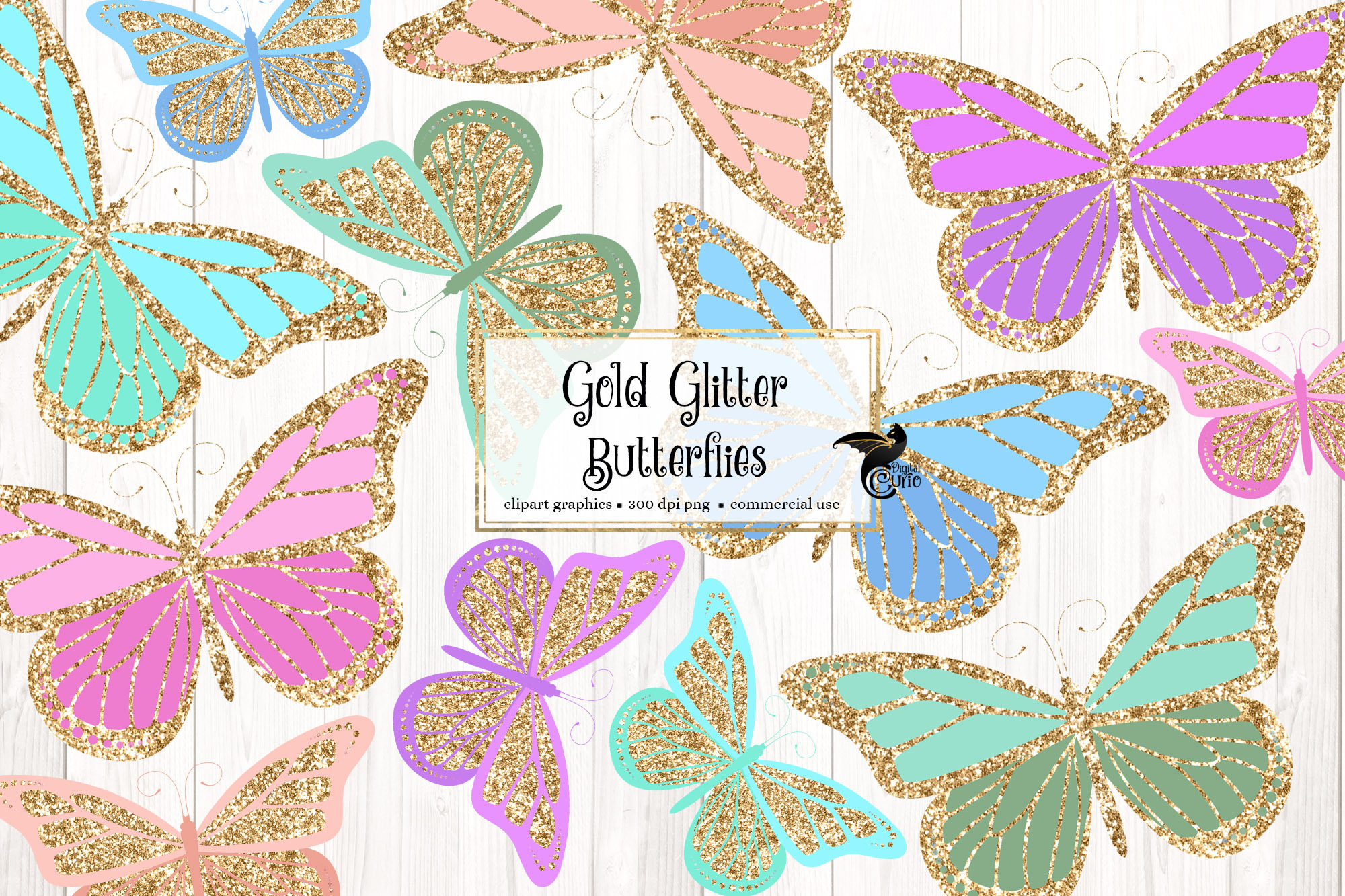 Gold Glitter Butterflies Clipart, an Illustration by Digital Curio