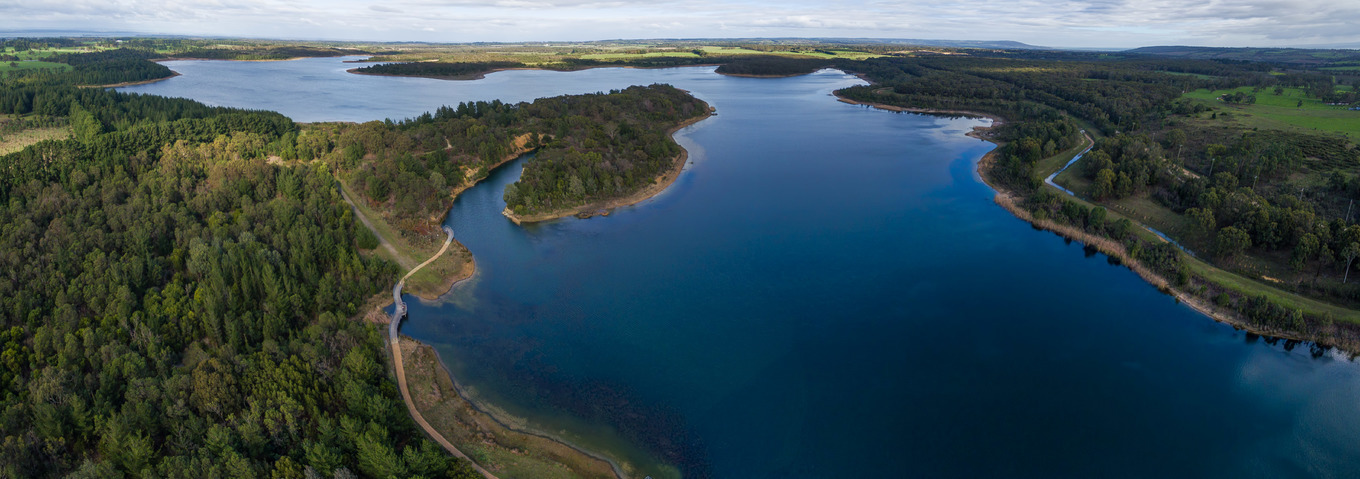 Panorama of devilbend reservoir lake featuring fluffy, forest, and ...
