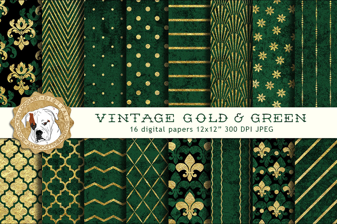 Gold and Green Digital Paper, a Pattern Graphic by BouncyBulldog