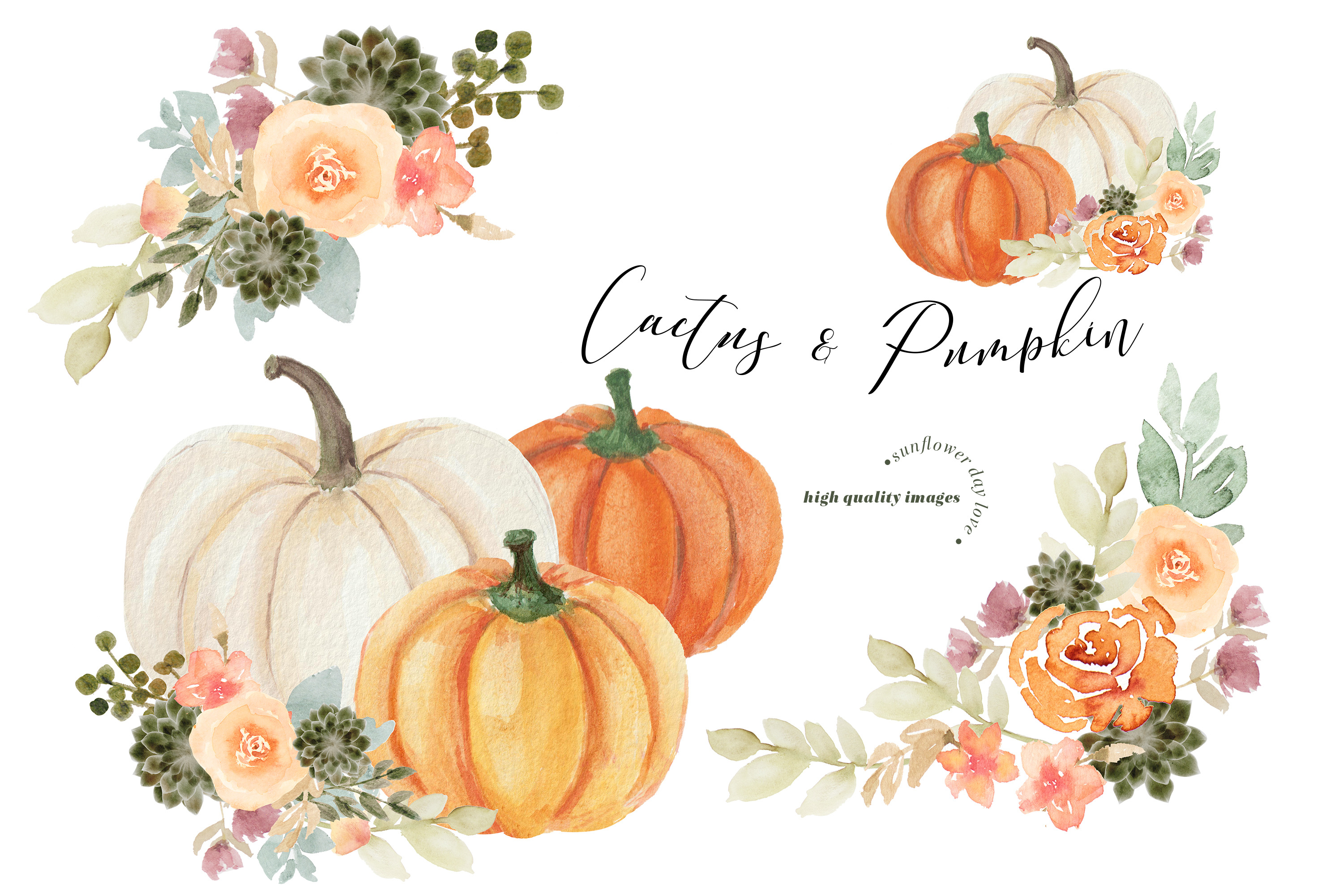 Orange Pumpkins Green Cactus Clipart, an Illustration by Sunflower Day Love