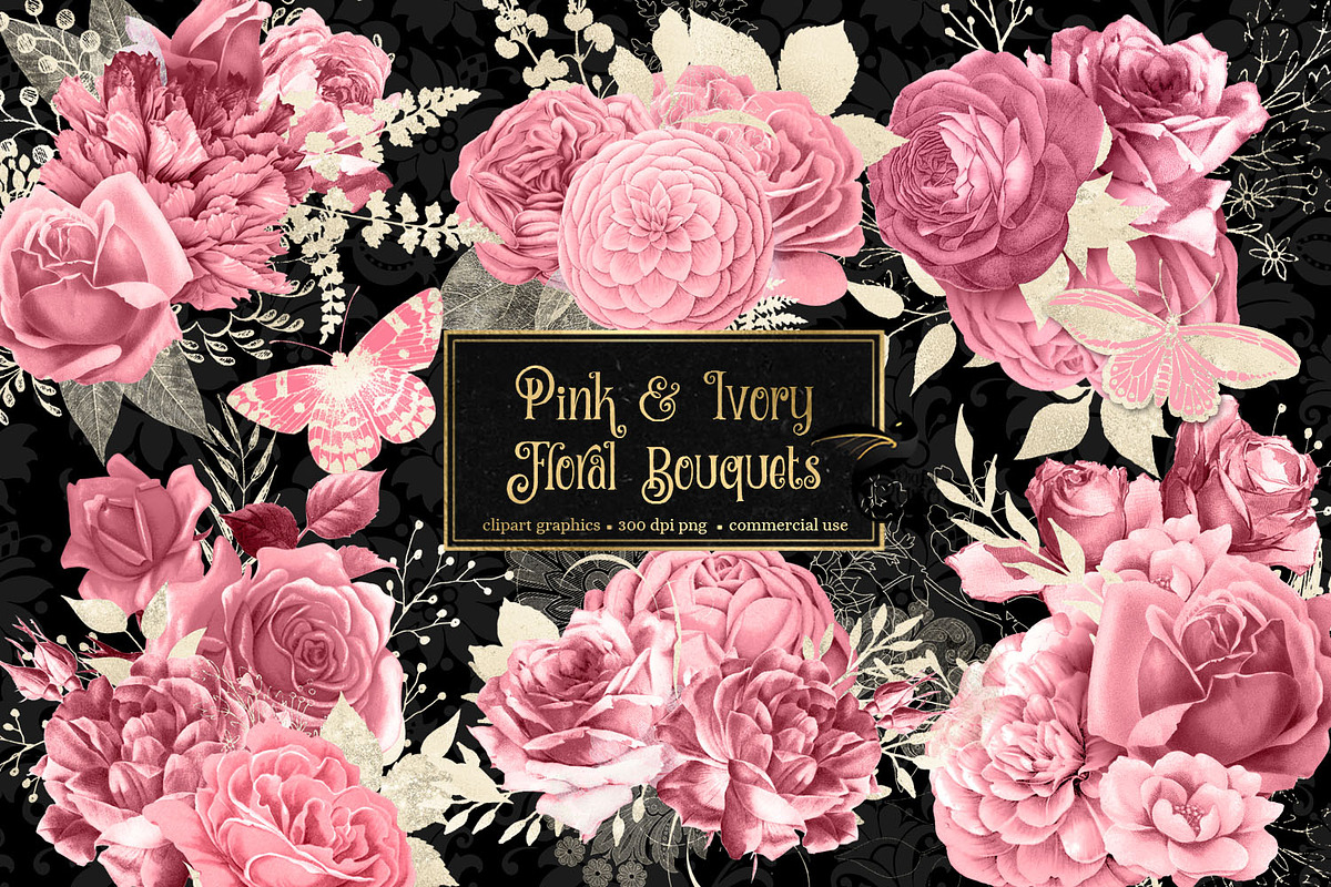 Pink and Ivory Floral Clipart, an Illustration by Digital Curio ...
