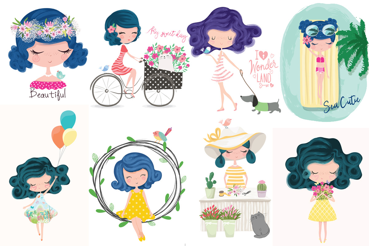 set with cartoon girls - cute girls, a Person Illustration by ...