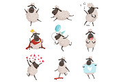 Cartoon farm animals. Sheep playing and making different actions ...
