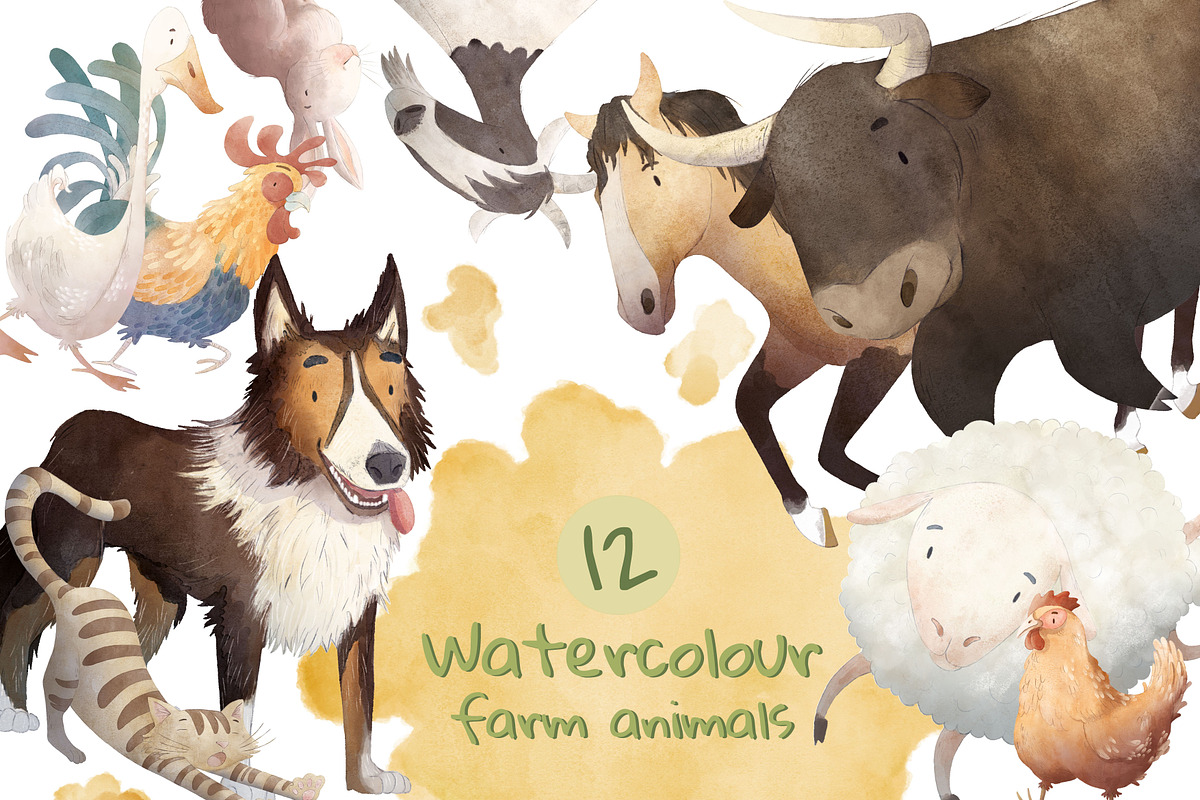 Cute Farm animals - watercolor clipart
