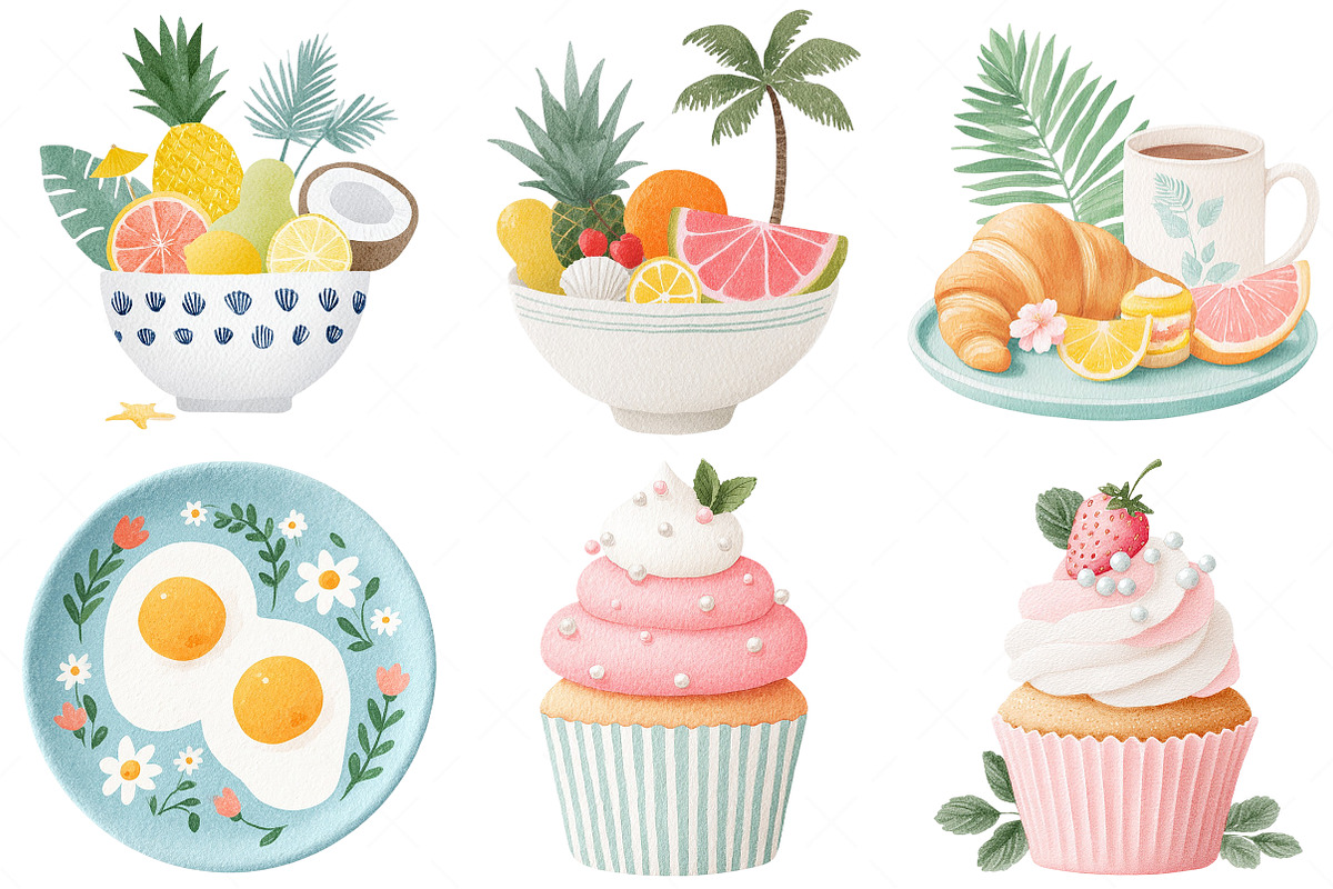 Watercolor Coastal Brunch Clipart, an Illustration by Craft Nest