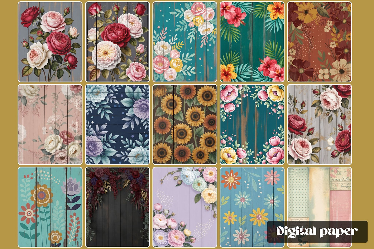 Floral Wood Digital Paper, a Graphic by iloveTemplate