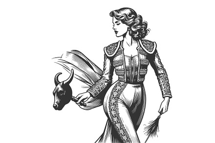 Lady with Bull in Traditional Dress, a Person Illustration by AlexArt