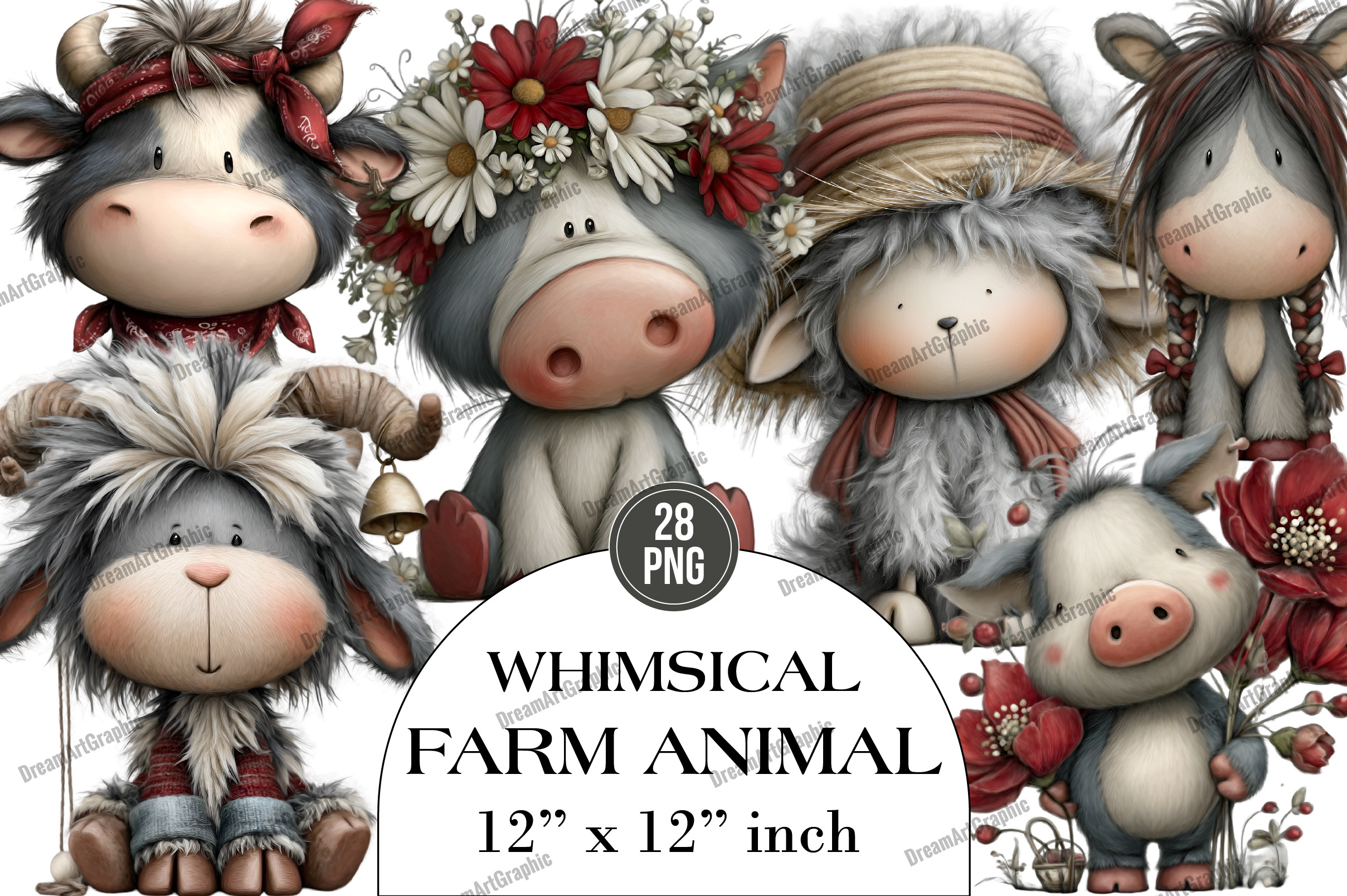 Whimsical Farm Animal Clipart, an Illustration by DreamArtGraphic