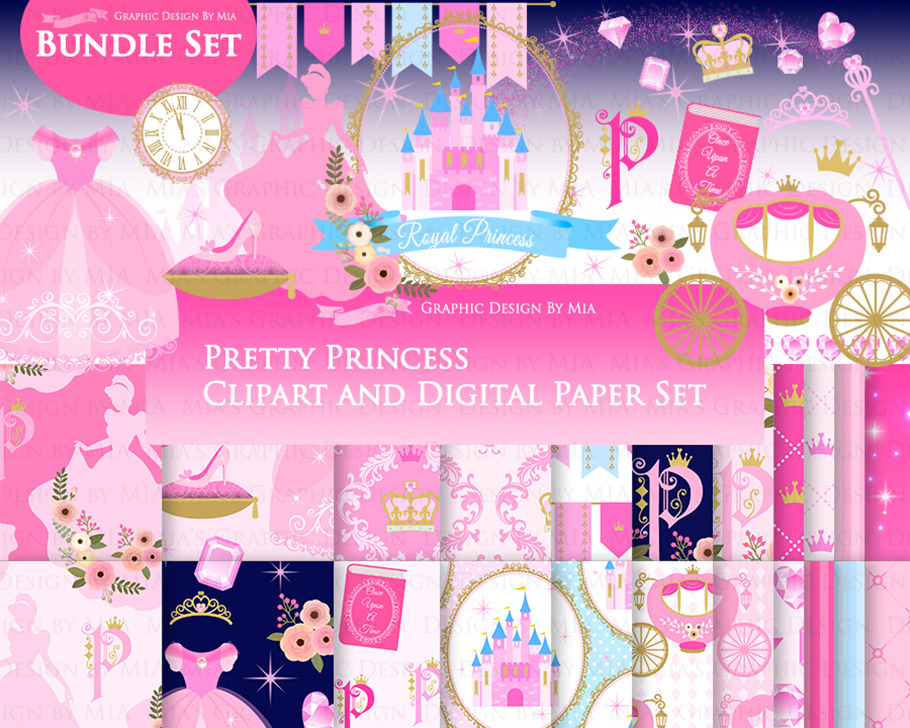 Princess Pink Clipart+Pattern set, an Illustration by Mia's Graphic ...