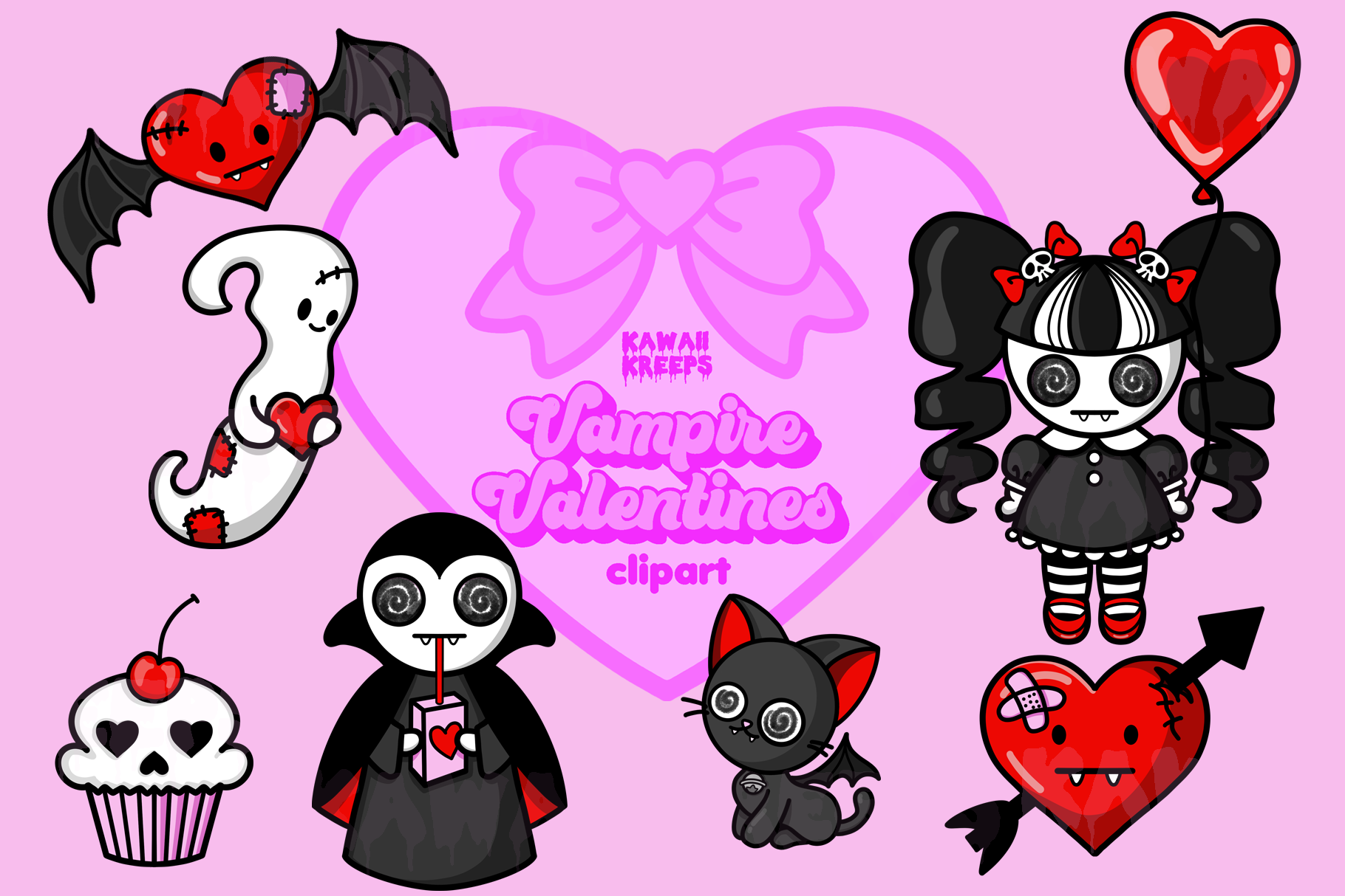 Vampire Valentines Goth Clipart, an Illustration by Kawaii Kreeps