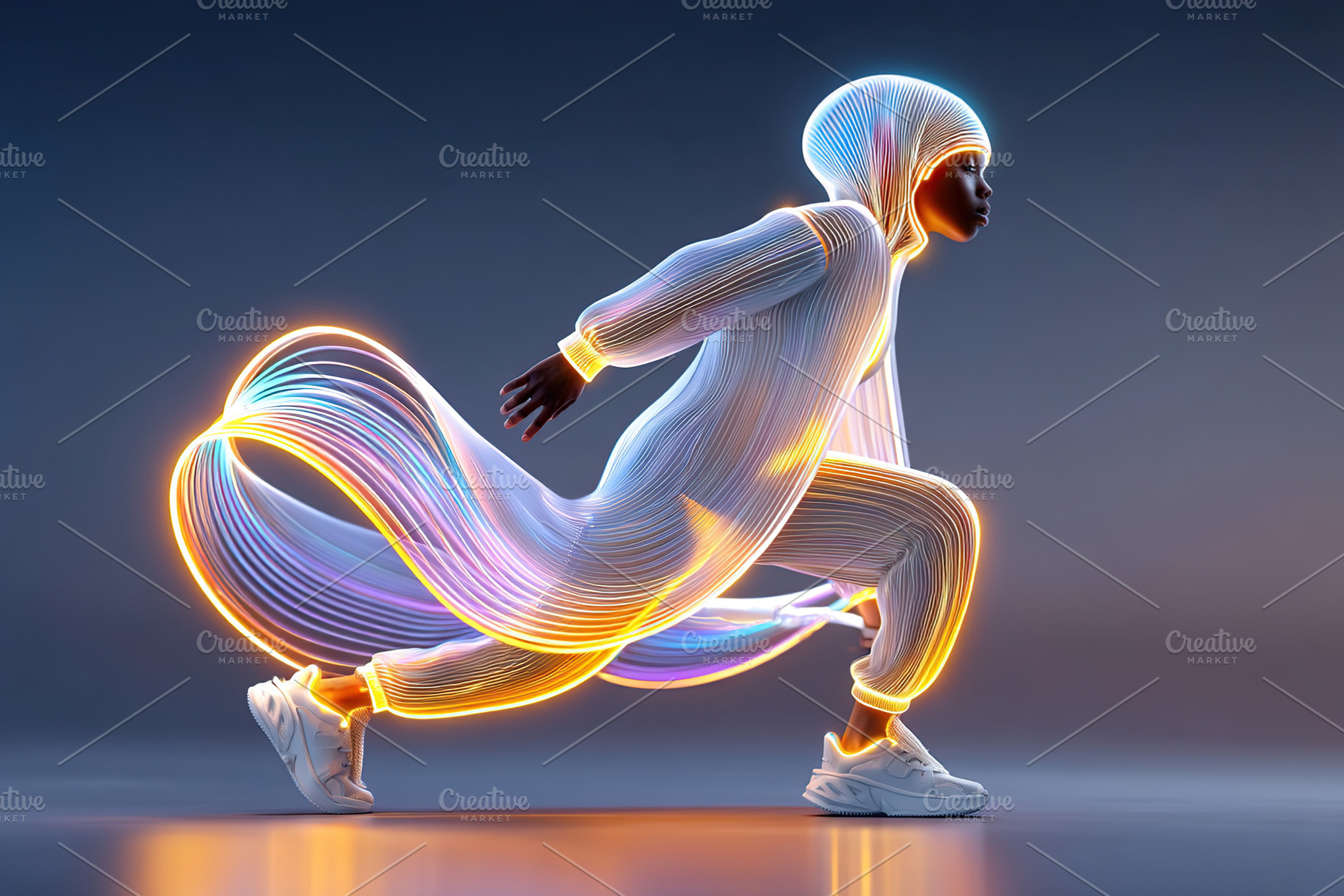 Stylish boy dancing gracefully with flowing light trails in a vibrant ...