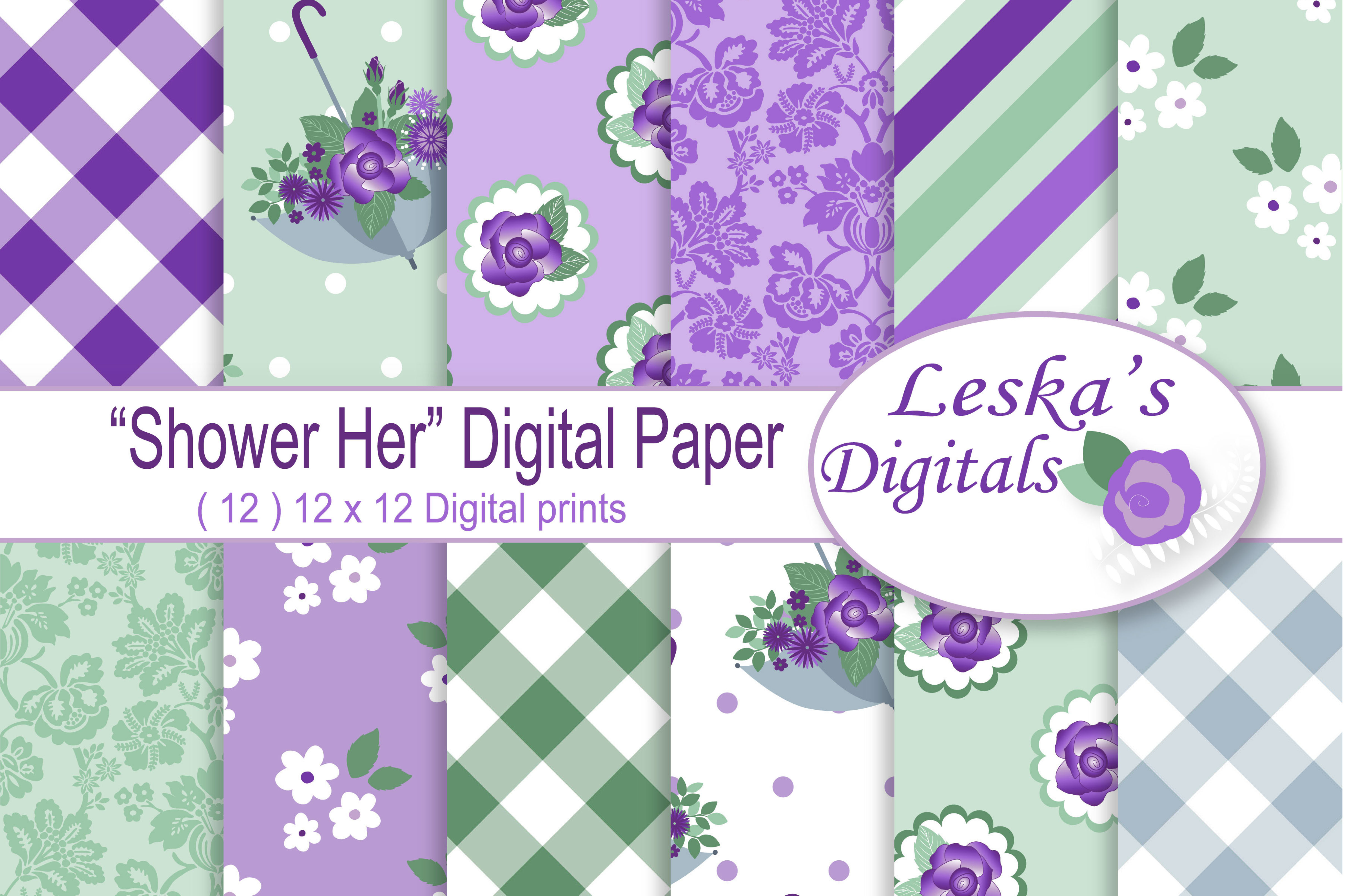 Purple Floral Digital Paper, a Pattern Graphic by Leska's Digitals