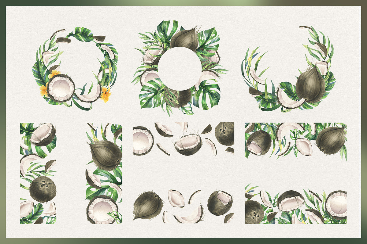 Coconuts tropical leaves watercolor, an Illustration by NATASHA CHU ...