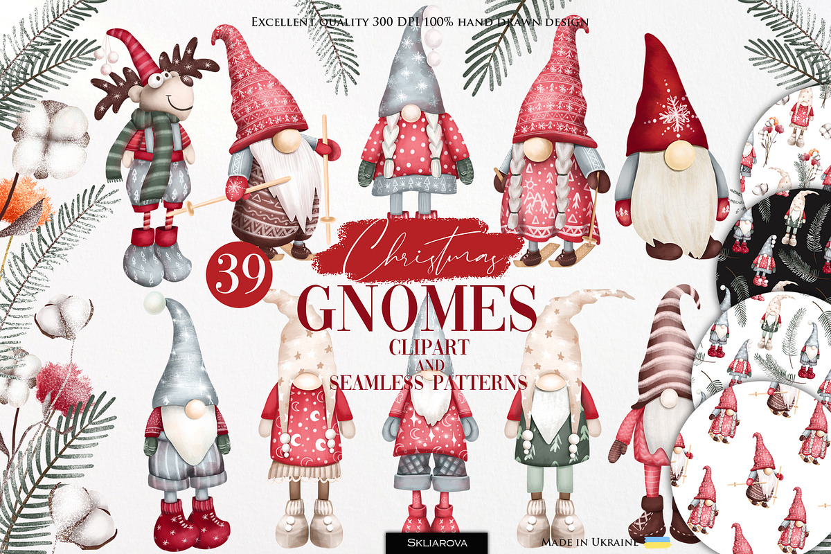 Christmas gnomes clipart & patterns, an Illustration by Skliarova