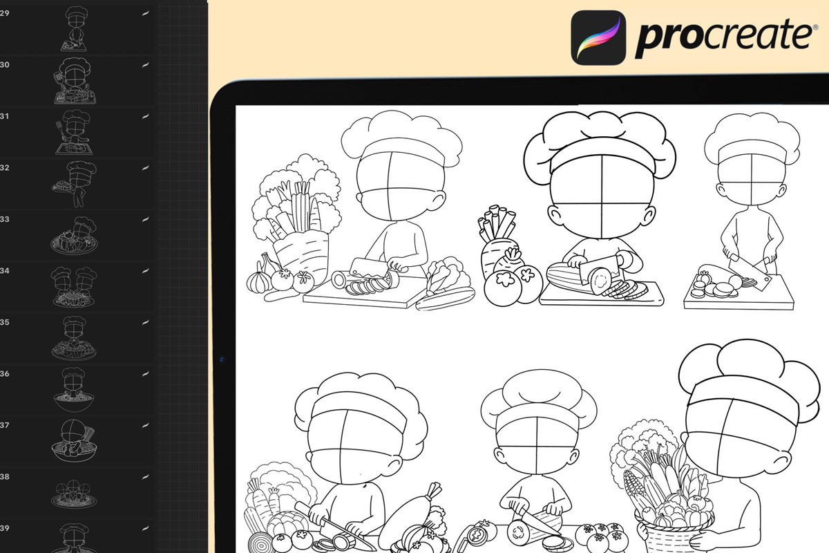 50 Procreate Chibi Cooking Poses Stamp