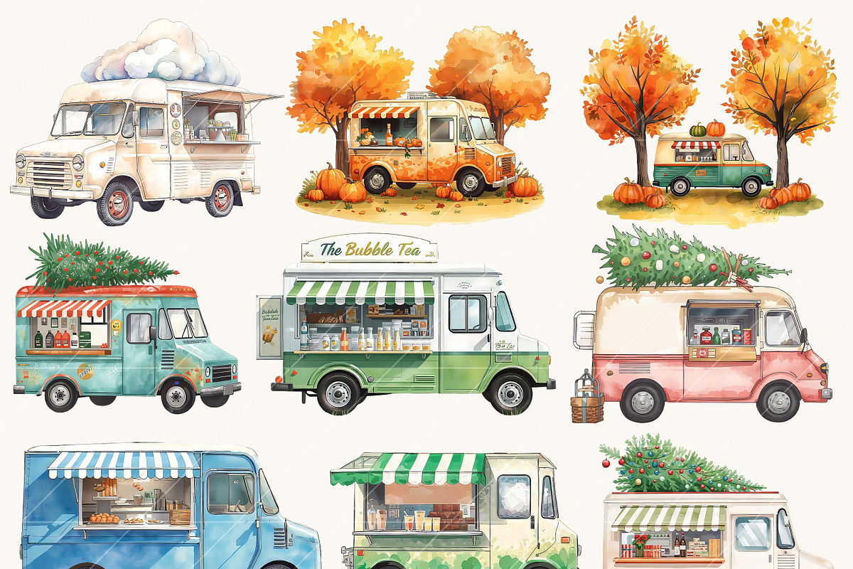 Watercolor Food Truck Clipart Bundle, a Transportation Illustration by ...