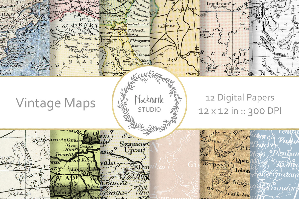 Vintage Maps digital paper, a Texture Graphic by MockTurtleStudio