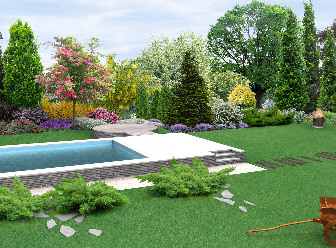 Poolside containing landscape design, landscaping, and 3d render, an ...