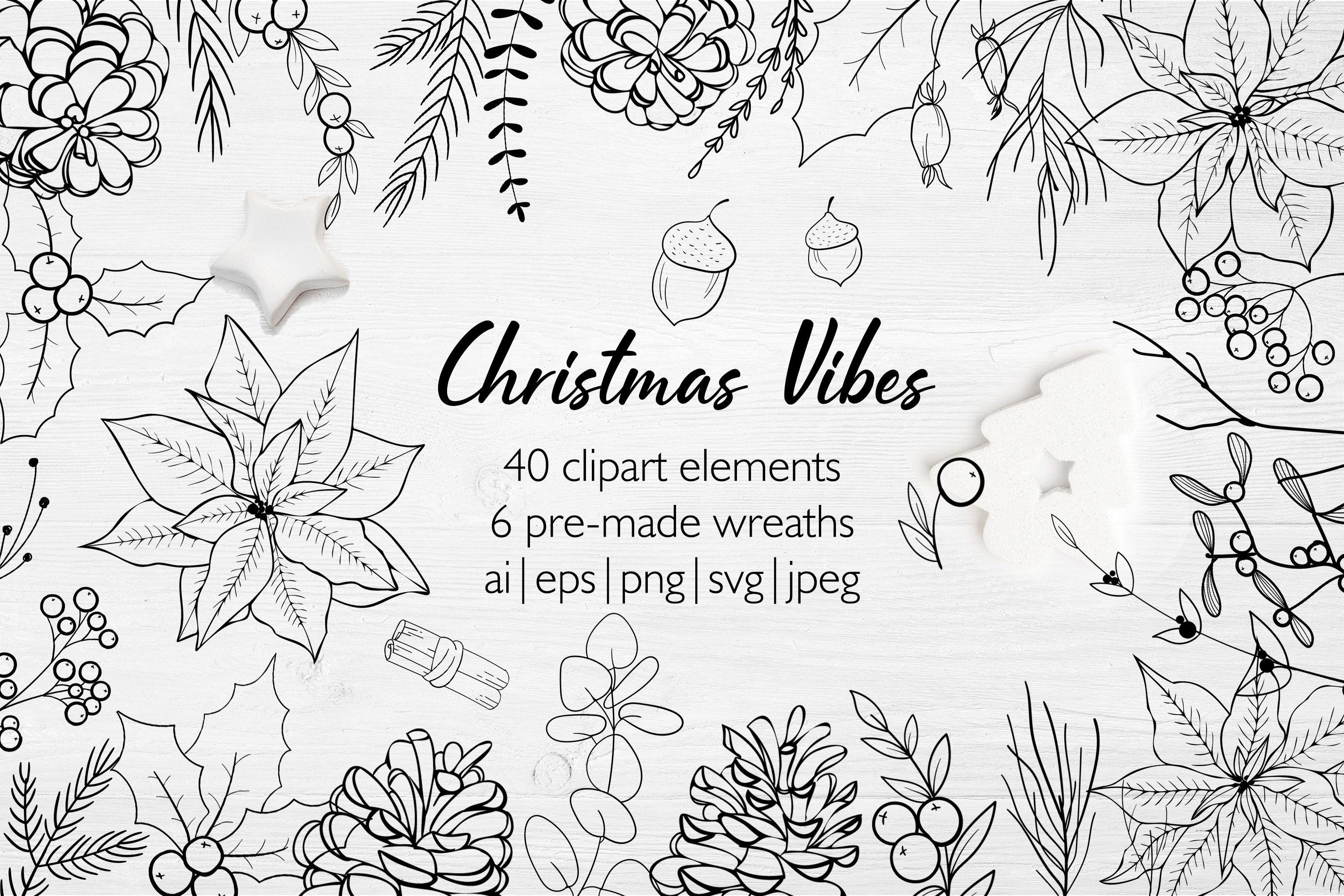 Line Art Christmas Clipart & Wreaths | Decorative Illustrations ...