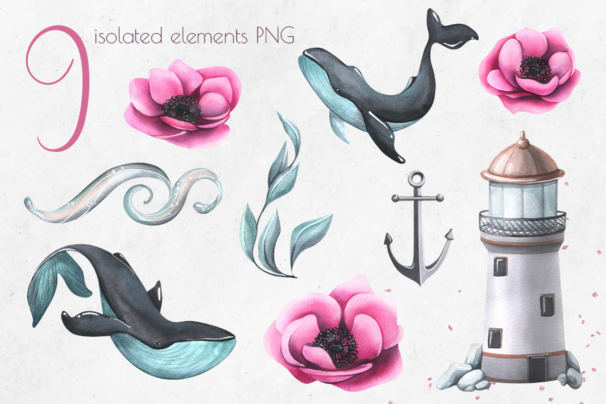 Whales & flowers watercolor clip-art, an Animal Illustration by NATASHA CHU