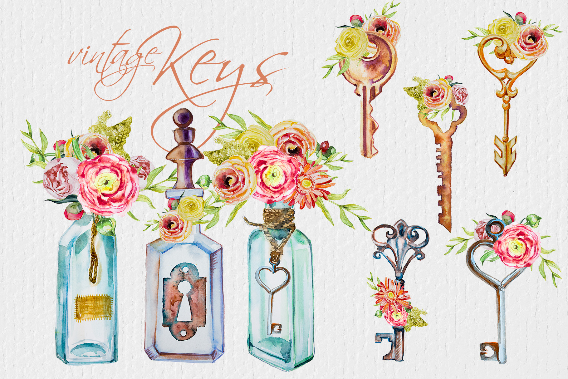 Watercolor Vintage Keys Clipart, a Decorative Illustration by ...